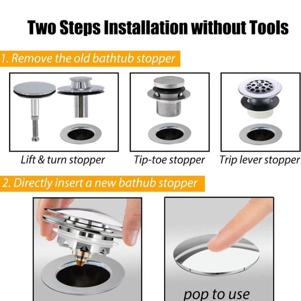 Pop Up Bathtub Drain Stopper Plug Silver Universal Fit for Bathroom ...