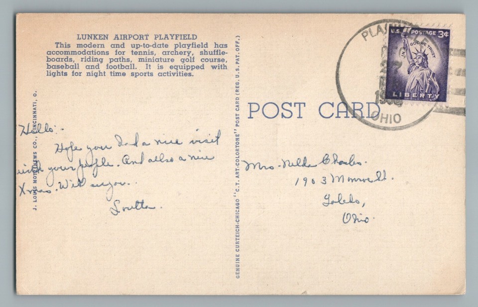 Lunken Airport Playfield CINCINNATI Vintage Linen Aviation Postcard ...