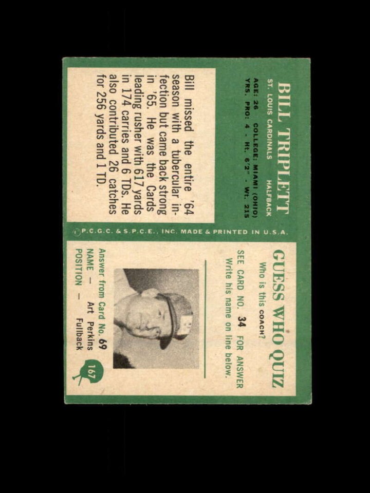 1966 Philadelphia Football #167 Bill Triplett STARX 5 EX (LS802186) | eBay