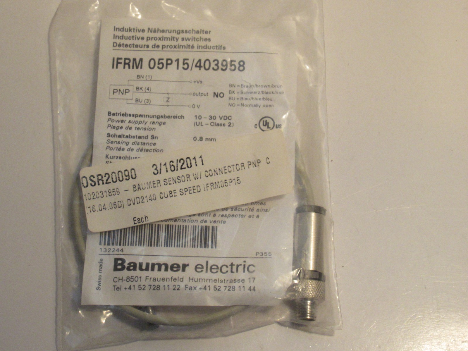 BAUMER ELECTRIC IFRM 05P15/403958 10-30DC 0.8mm PHOTOELECTRIC SENSOR ...