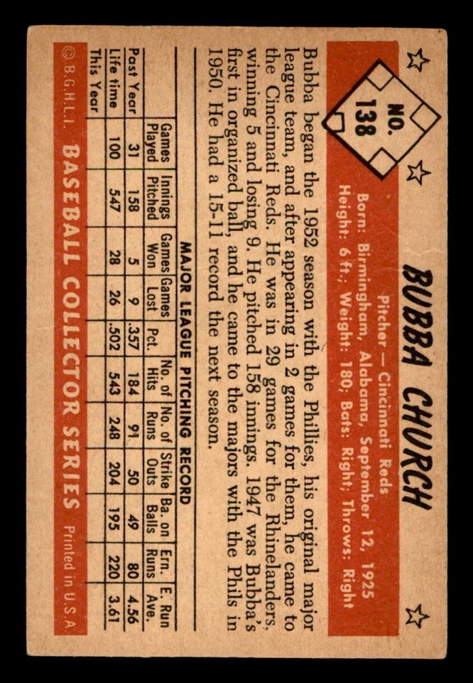 1953 Bowman Baseball #138 Bubba Church VG *f1 | eBay