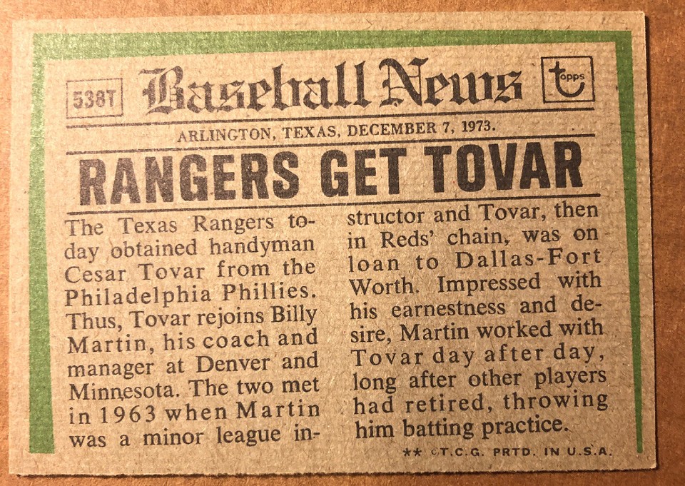 1974 Topps Traded Card #538T, Cesar Tovar, NM-MT, (BIGJ’S), Texas ...