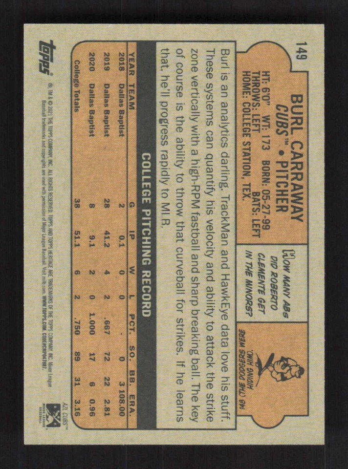 Burl Carraway 2021 Topps Heritage Minor League AZL Cubs #149 | eBay