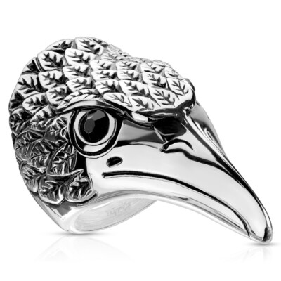 Stainless Steel Band Hawk Eagle Ring Black CZ Eyes Large Biker Ring ...