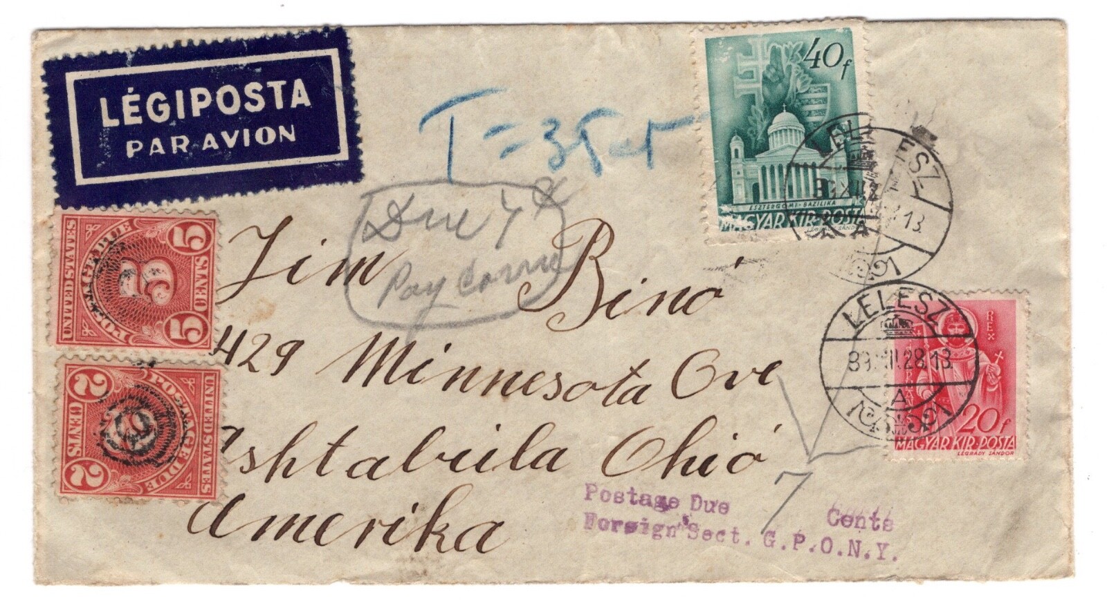 Hungary Airmail to Ashtabula OH Postage Due 7c via New York NY | eBay