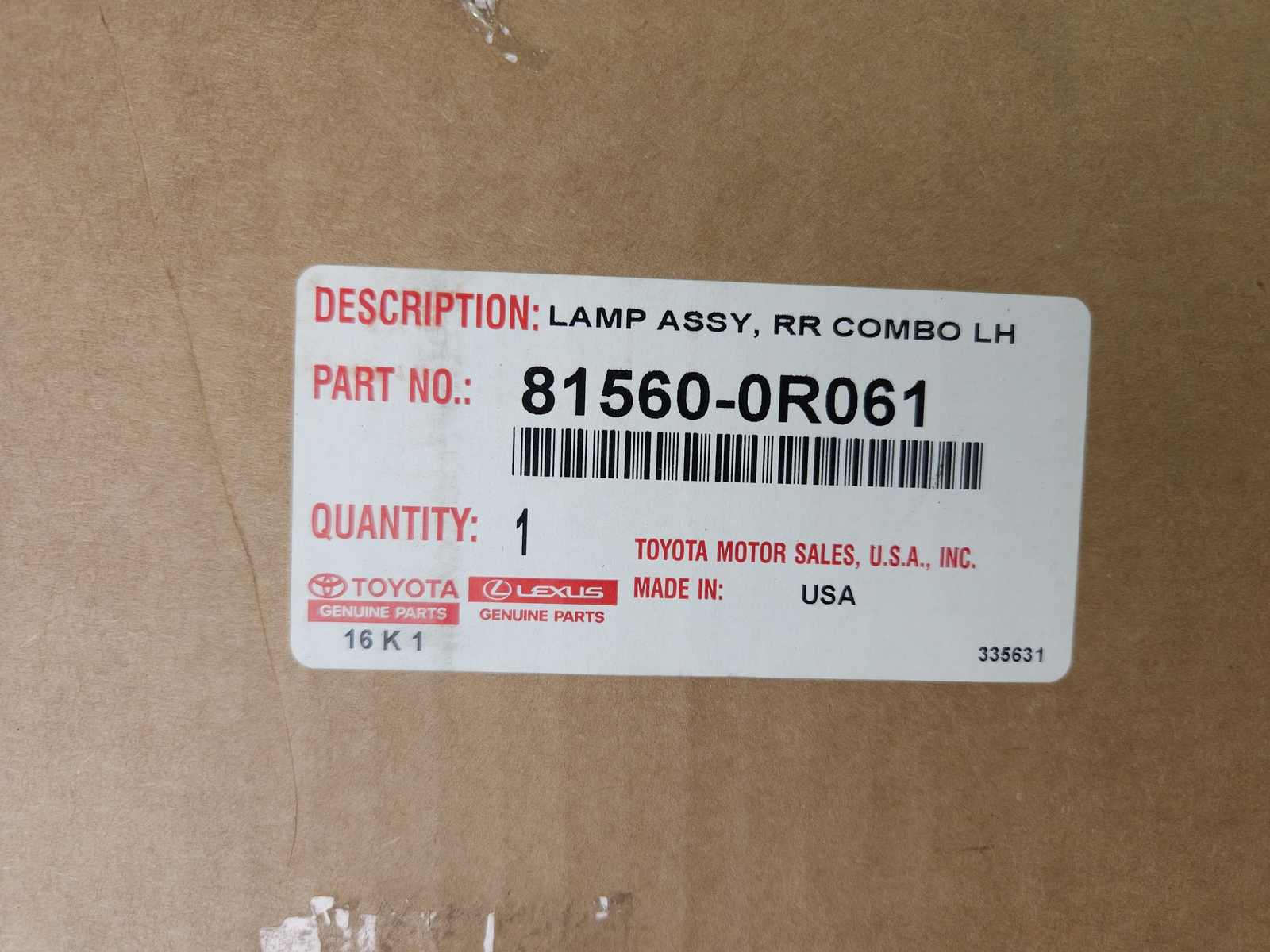 Genuine OEM Toyota 81560-0R061 Driver LH Outer Tail Light Lamp Assy ...