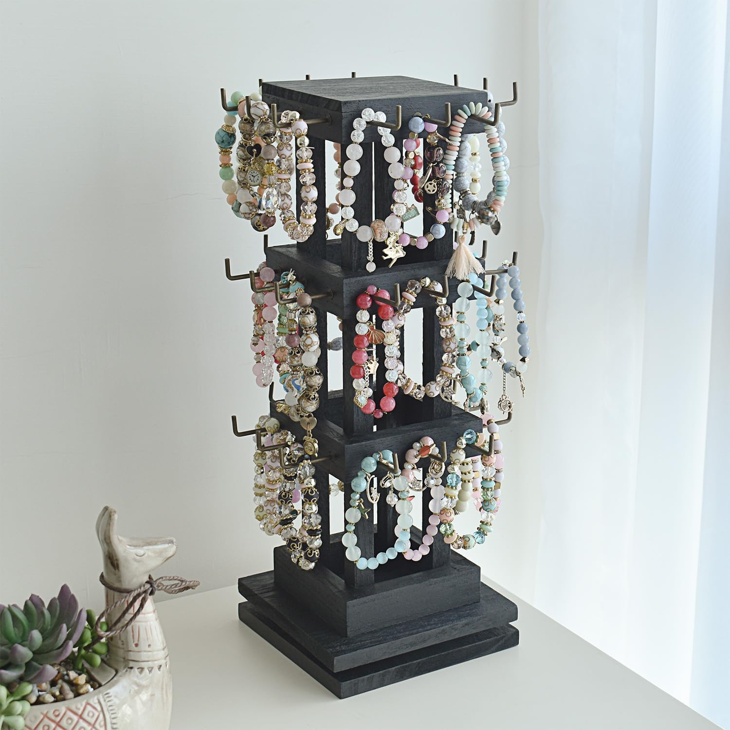 36 Hooks Wood Rotating Keychain Holder Display Stand,3 Tier Jewelry ...