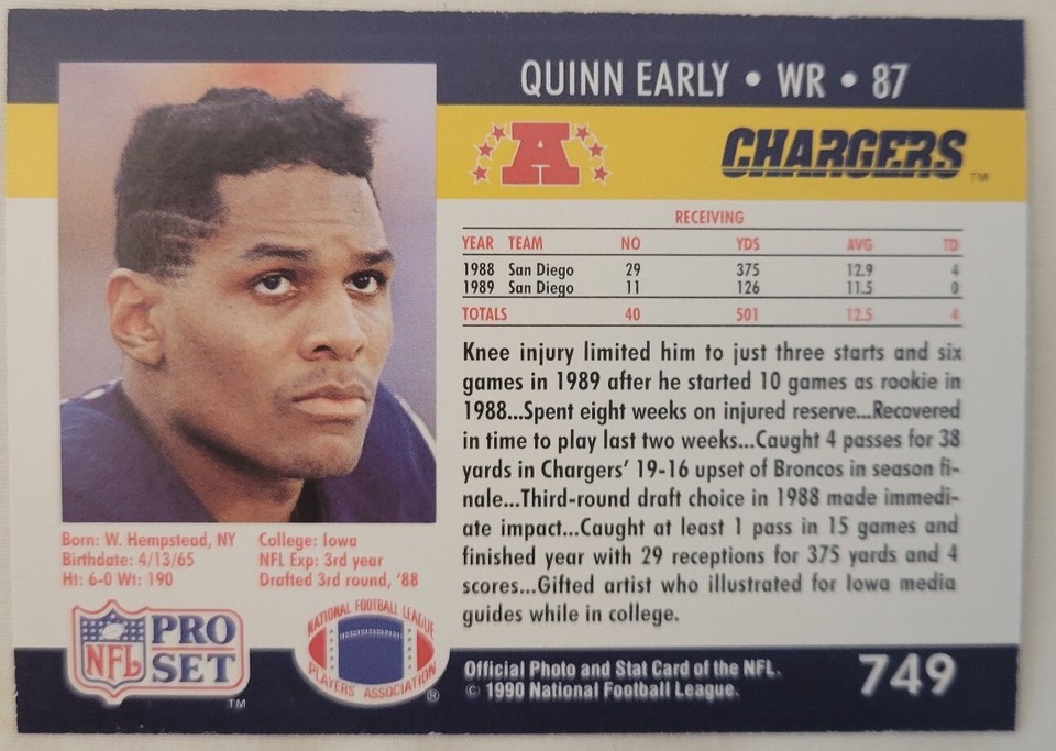 1990 NFL Pro Set Quinn Early #749 | eBay