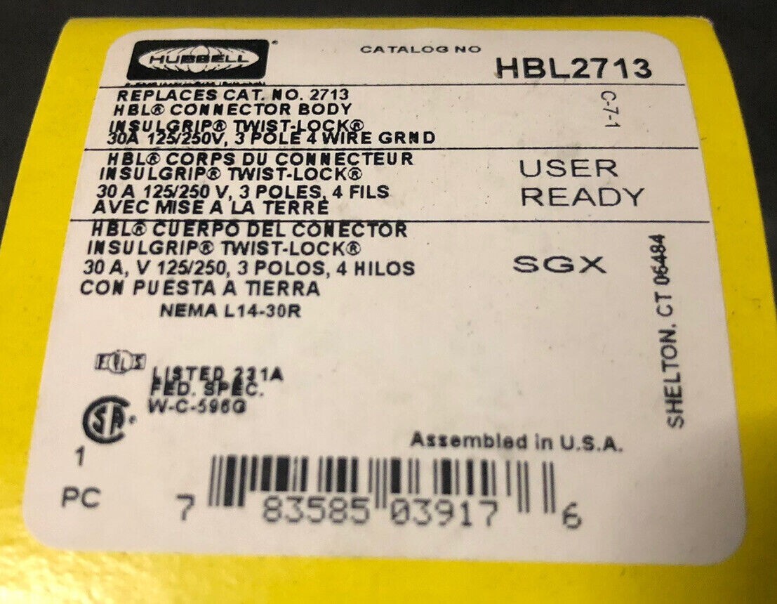 HBL2713 Hubbell Twist Lock Connector Body 30A 3 Pole 4 Wire 125/250 ...