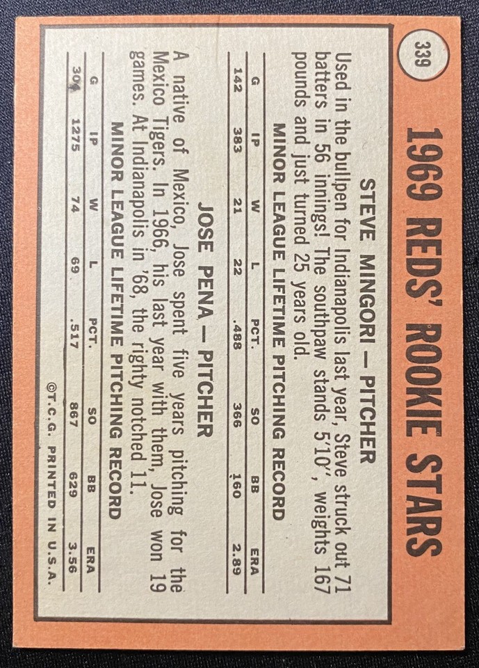 1969 Topps Baseball 1969 Reds Rookie Stars Steve Mingori/Jose Pena #339 ...