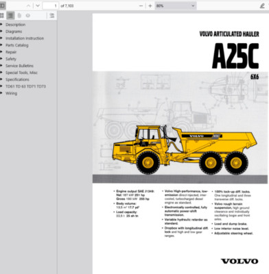 Volvo A25C ADT Truck Service Repair Manual Parts Catalog Construction ...