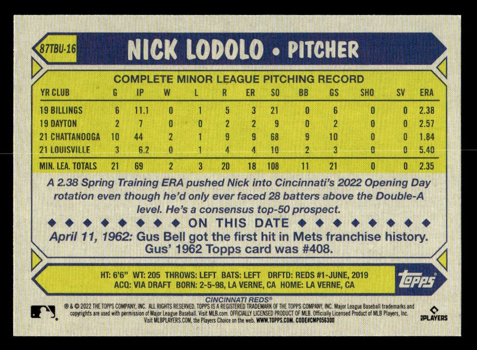2022 Topps Update #87TBU-16 Nick Lodolo 1987 Topps Baseball card | eBay