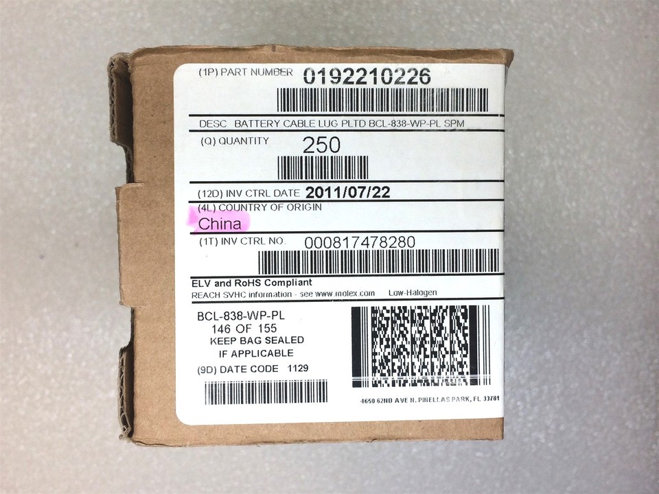 19221-0226 MOLEX 0192210226 CONN RING FLAT 8AWG #3/8 CRIMP ROHS 20 ...