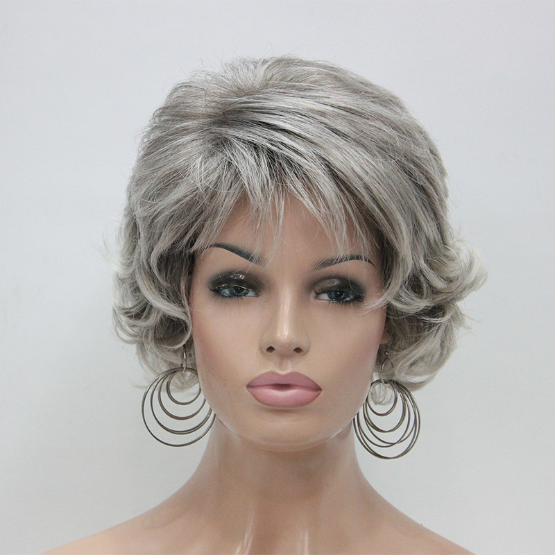 light gray and dark root Short Synthetic Hair Full Women's Wig For ...