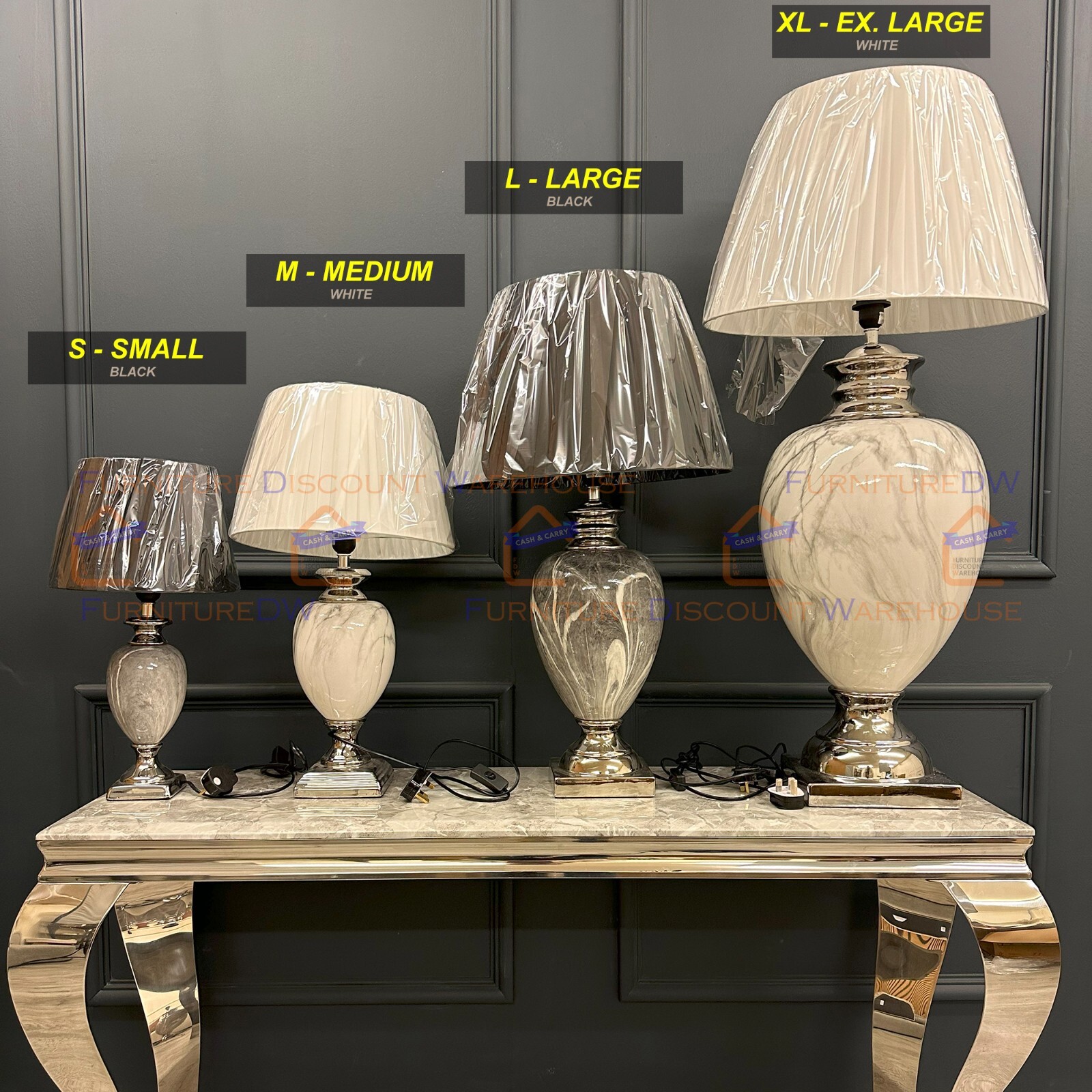 S/M/L/XL Size White/Black Marble Effect Lamp Stand Base Bulb Holder ...