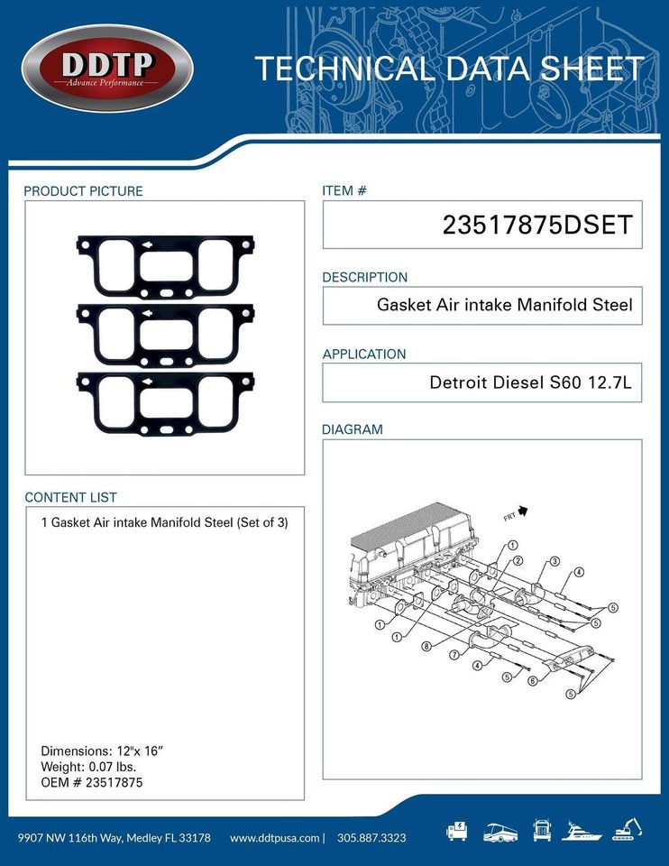 Gasket Air intake Manifold Steel Detroit Diesel S60 12.7L (Set of 3 ...