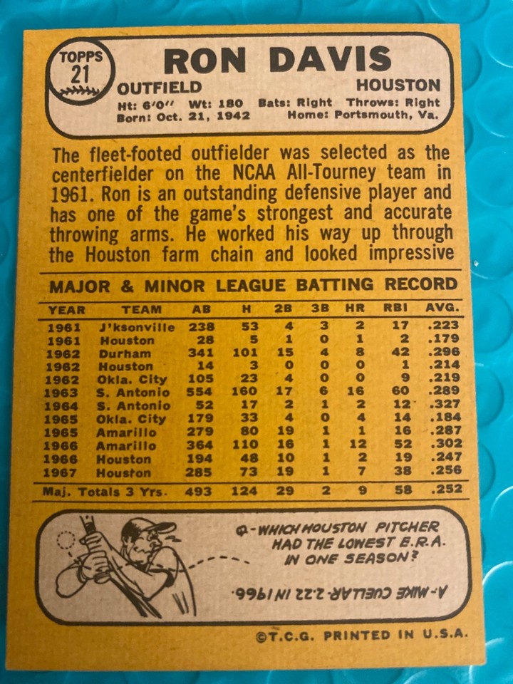 1968 Topps Baseball #21 Ron Davis MINT? | eBay