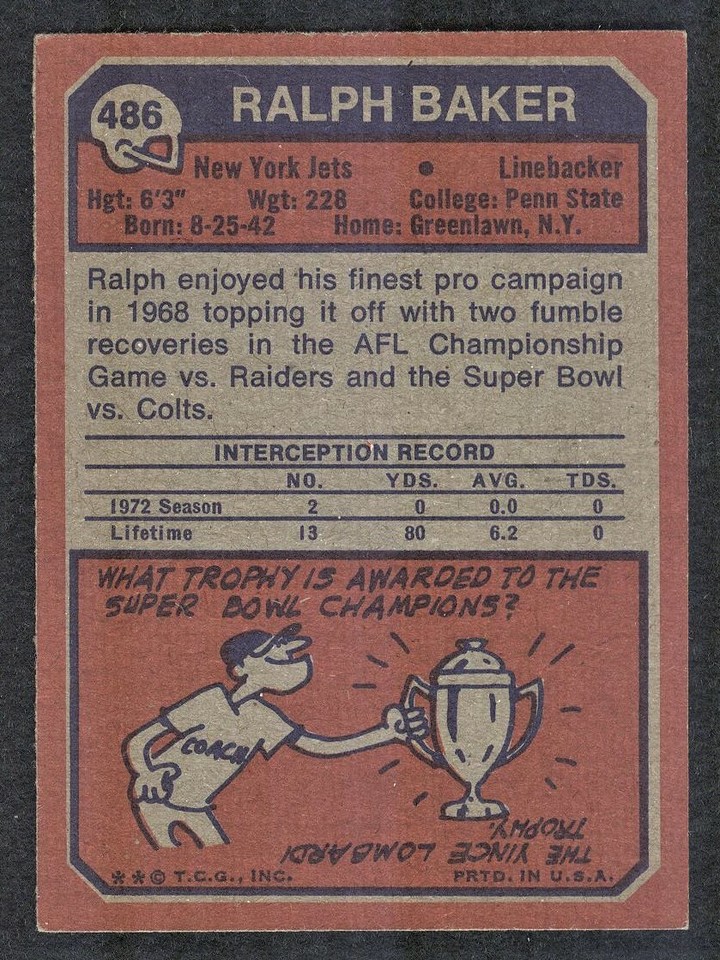 RALPH BAKER Signed 1973 Topps Football Card #486 NEW YORK JETS LB ...
