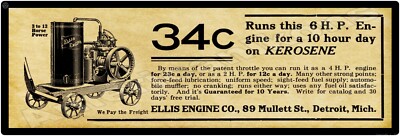 1912 Ellis Kerosene Engines New Metal Sign, 12" x 36" USA STEEL XL Size ...