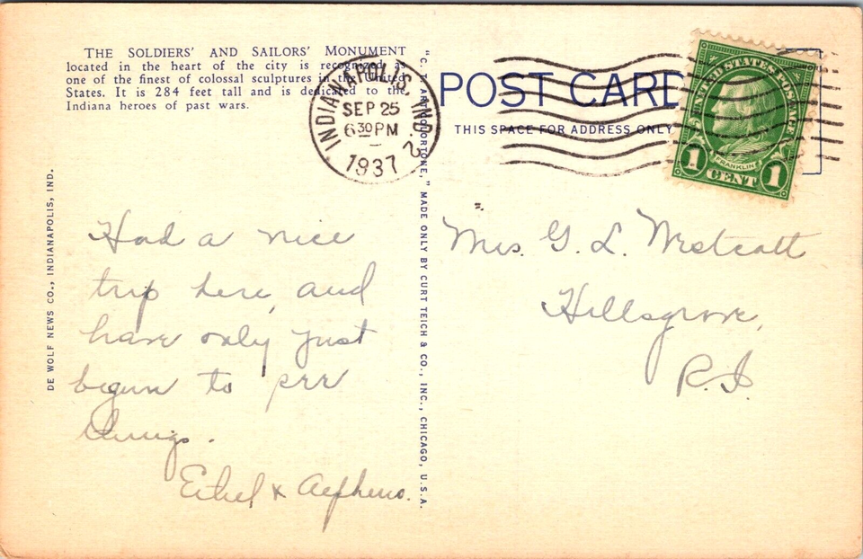 Postcard Indianapolis Indiana View Soldiers and Sailors Monument Post ...