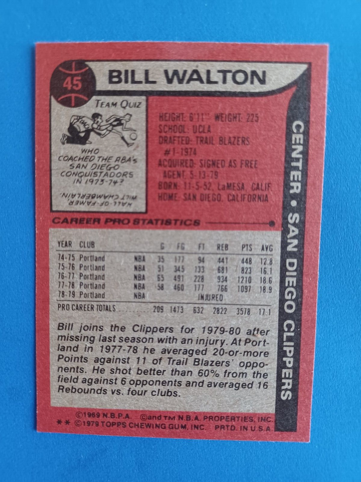 1979-80 TOPPS BILL WALTON #45 LOS ANGELES CLIPPERS PACK FRESH NM/MINT ...