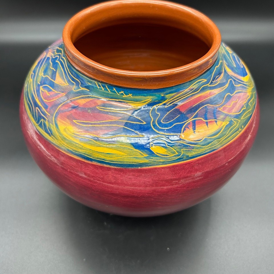 Hand Thrown Colorful Incised Pottery Vase Artist Signed Hawk Wings | eBay