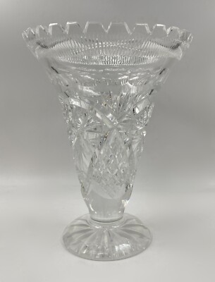 Heavy Cut Glass Vase Square Sawtooth Strawberry Diamond Arcs 9.25 Inch ...