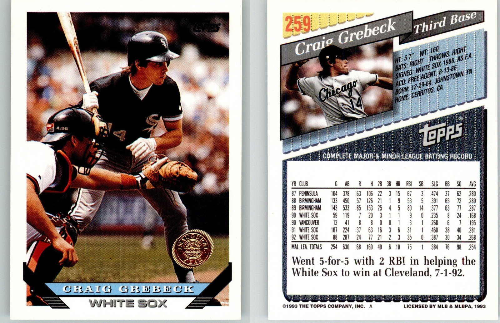 Craig Grebeck 1993 Topps Inaugural Rockies Stamped #259 White Sox | eBay