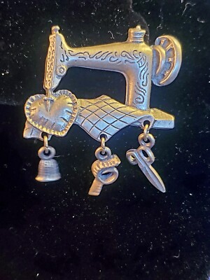 Vtg. Signed LCD Pewter Sewing Machine w/ Dangle Charms Lapel Pin | eBay