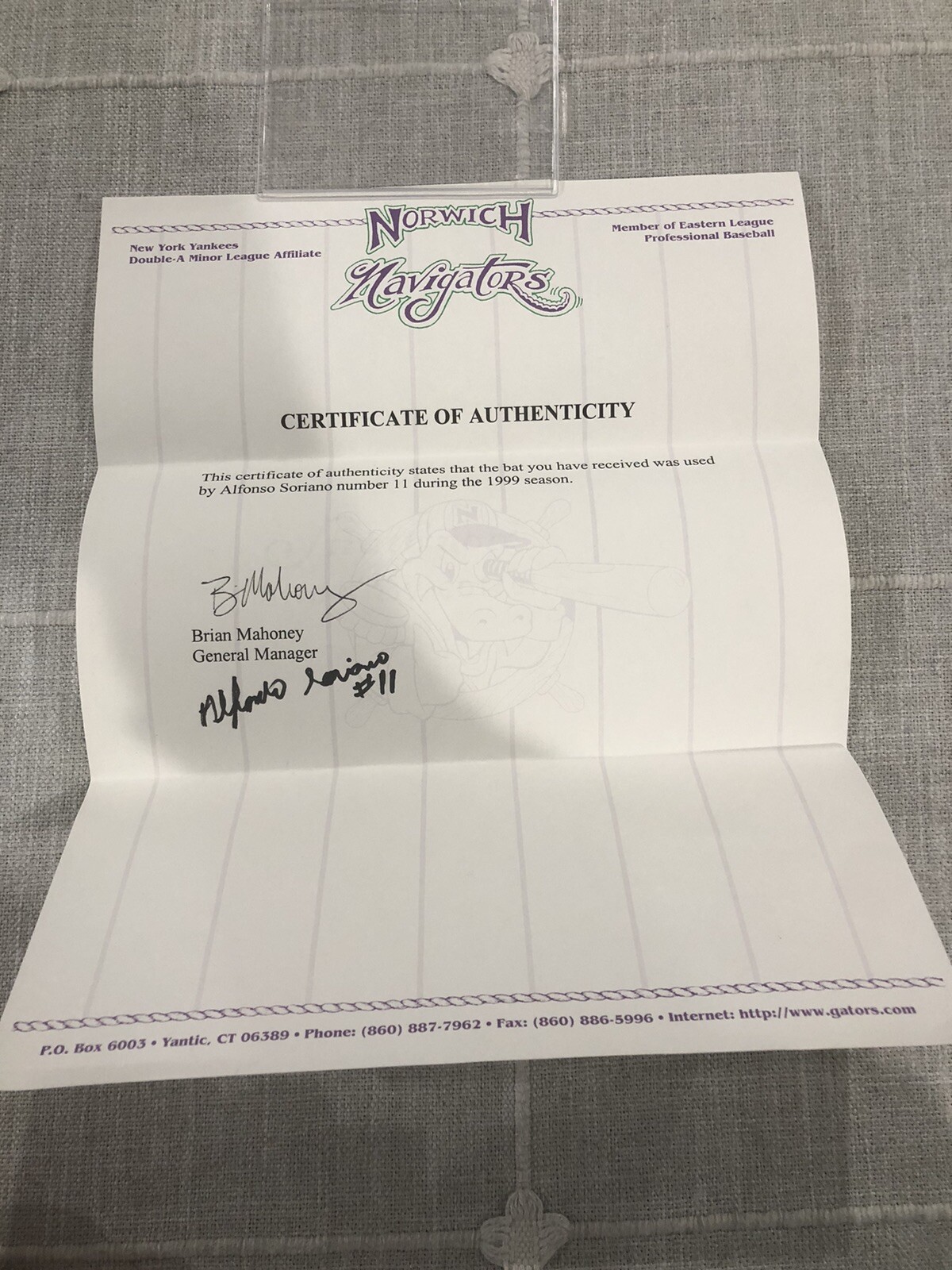 Alfonso Soriano Signed 1999 Minor League Used Bat Norwich Navigators ...