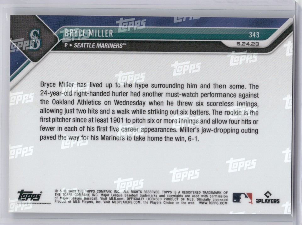 🟪 BRYCE MILLER Rookie Card 2023 Topps Now #343 PURPLE 13/25 Mariners RC ...