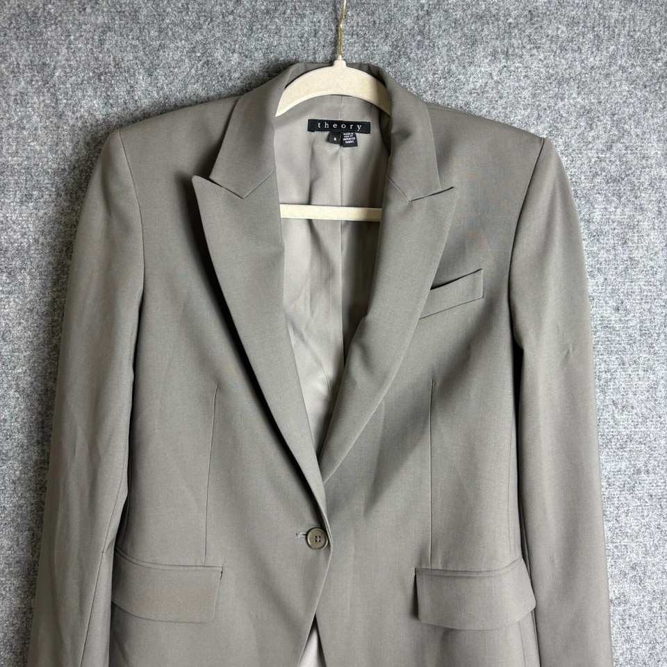 Theory Blazer Jacket Women's 6 Greenish Gray Gabe One Button Wool Blend Lined | eBay