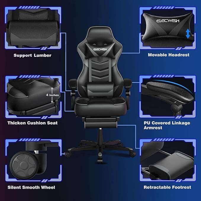 ELECWISH Gaming Chair Ergonomic Swivel Recliner Office Seat w/ Lumbar ...