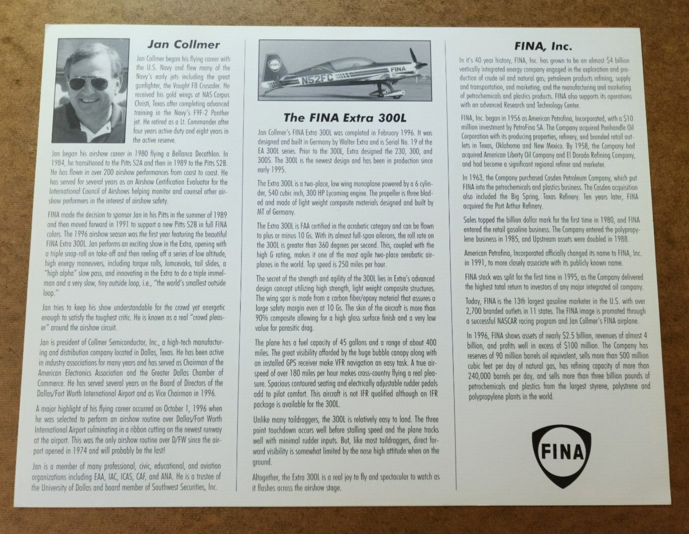 Airshow Photo of John Collmer in a FINA Extra 300L Aircraft w/Signature ...