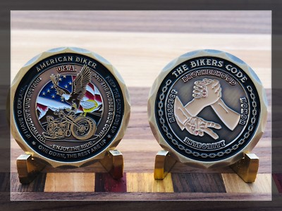 MOTORCYCLE CHALLENGE COIN "THE BIKERS CODE" BROTHERHOOD HONOR RESPECT ...