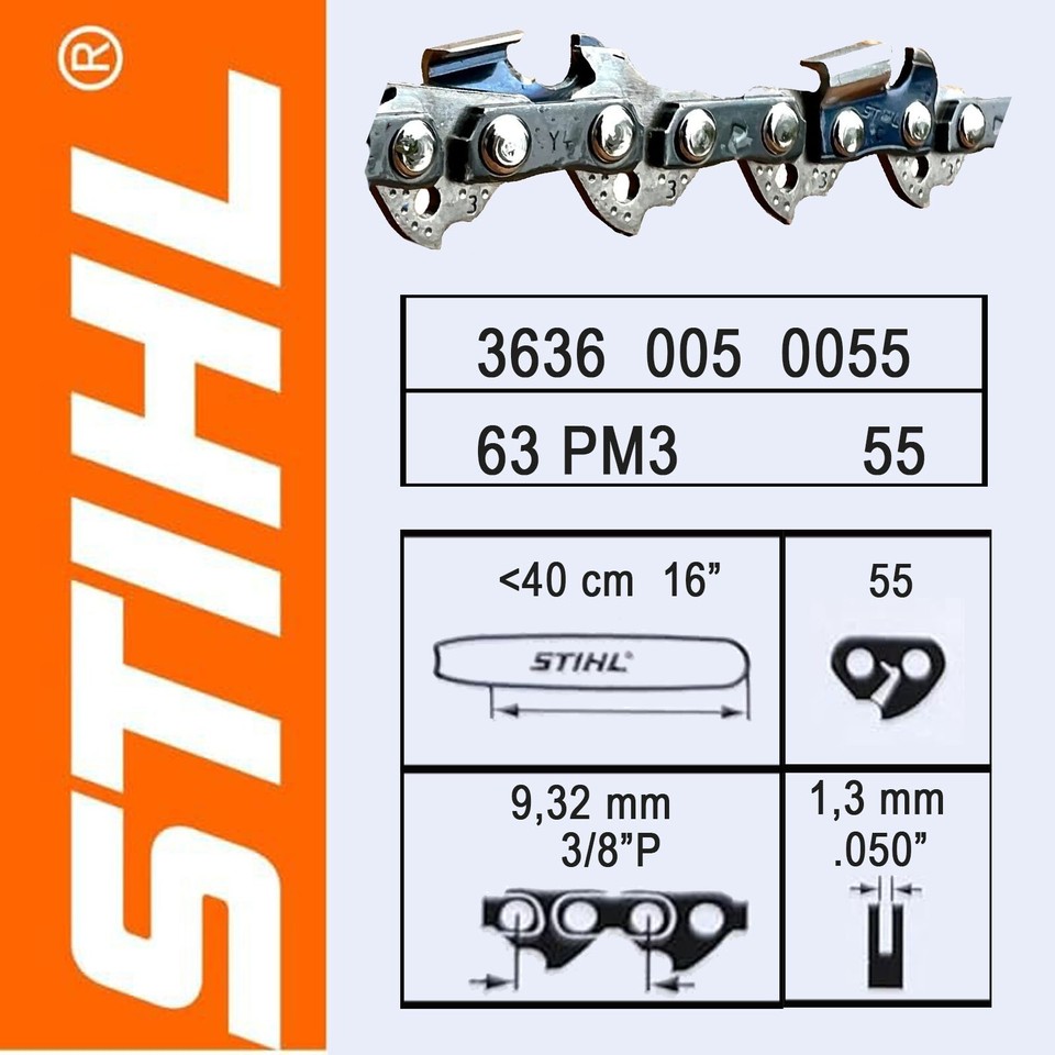 STIHL 63PM3 55 DL 3/8″P 1.3 mm Chain for 16″/40 cm Bar OEM 3636 005 ...