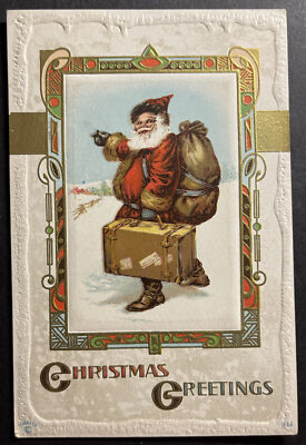 Red Santa with Suitcase Bag Hitchhiking Christmas Greetings printed ...