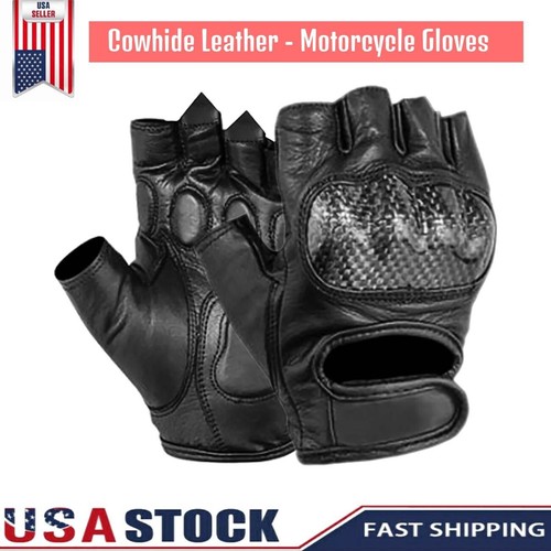 Cowhide Leather Motorcycle Gloves for Men Fingerless Biker Gloves Hard ...