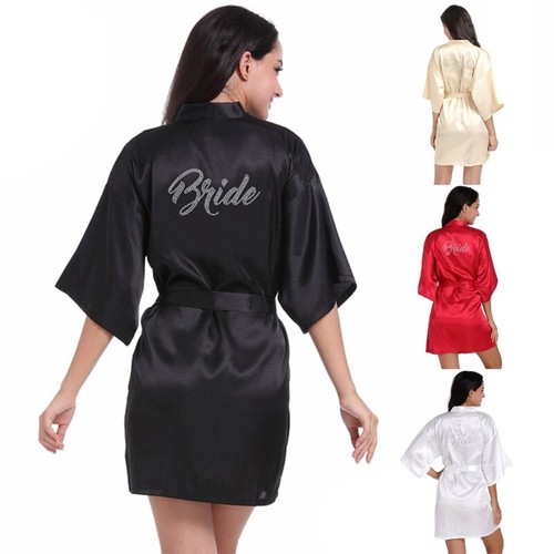 Bride Robe Bridesmaid Robes Silver Rhinestones Silky Short-Kimono Robe ...