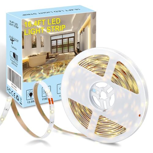 LED Strip Light, 3500K Warm White, 16.4ft, Bright LED Tape Lights ...