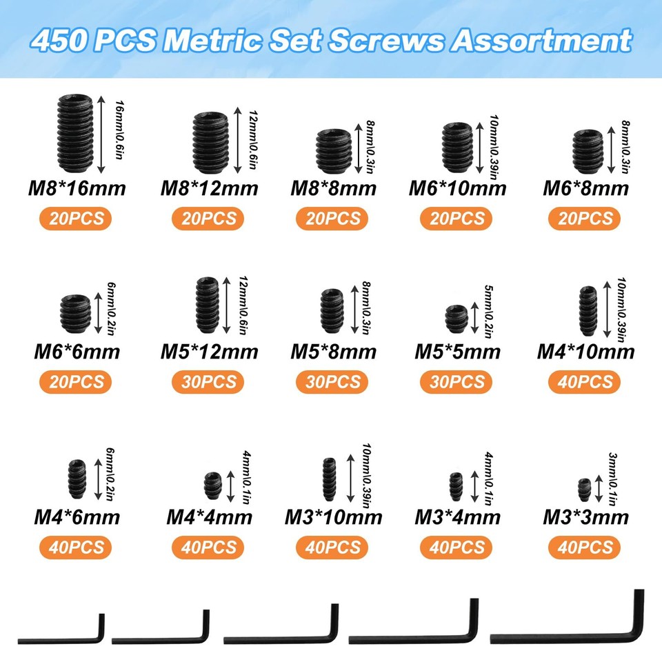 450 Pcs Set Screw Assortment Kit, Allen Head Hex Socket Grub Head Screw ...
