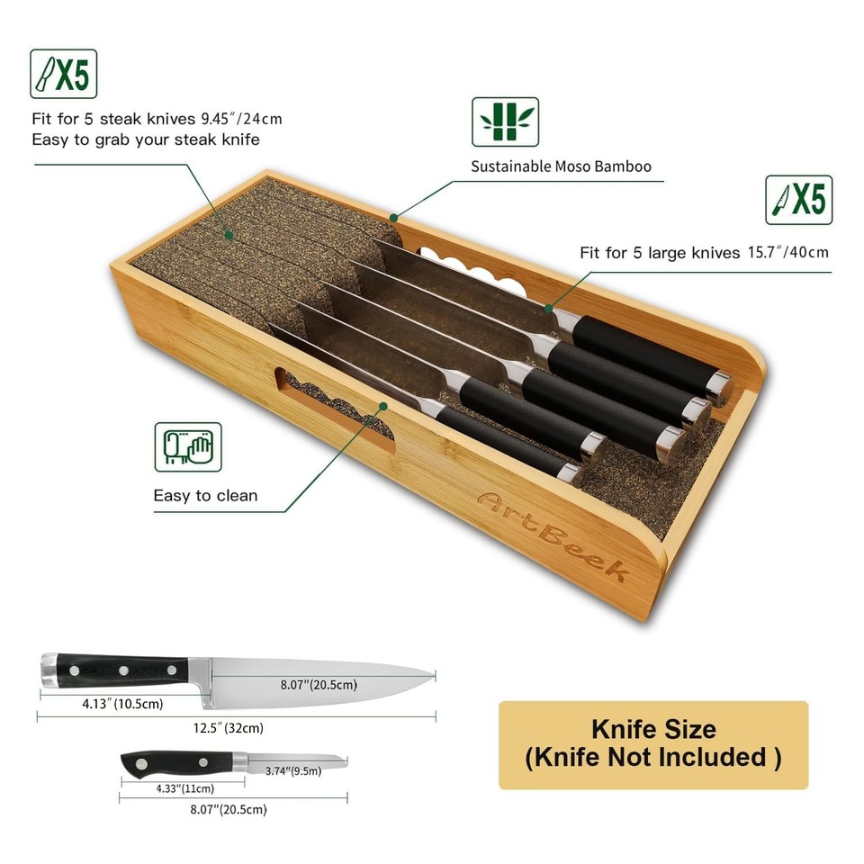 Knife Drawer Organizer Bamboo Insert Dock, 15'' Kitchen Steak Knives ...
