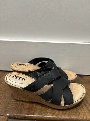BORN Cork wedge black sandals Size 8M | eBay