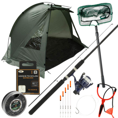 COMPLETE STARTER BEGINNER FISHING KIT SET ROD REEL FLOATS HOOKS SHOT ...