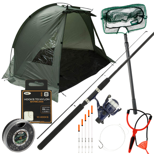 COMPLETE STARTER BEGINNER FISHING KIT SET ROD REEL FLOATS HOOKS SHOT ...