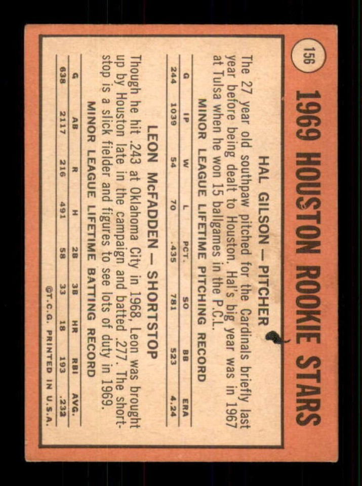 1969 Topps #156 Hal Gilson/Leon McFadden VG/VGEX RC Rookie Astros Ast ...
