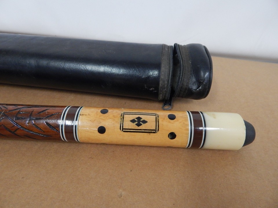 Vintage Pool Cue Stick Carved 57.5" Long w/ Leather Case Billiards 2 ...