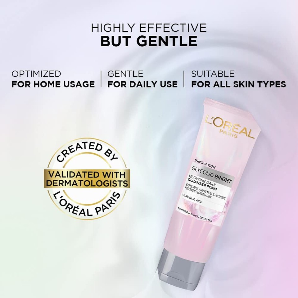 L'Oréal Paris Glycolic Bright Daily Foaming Face Cleanser, 50m for Dull ...