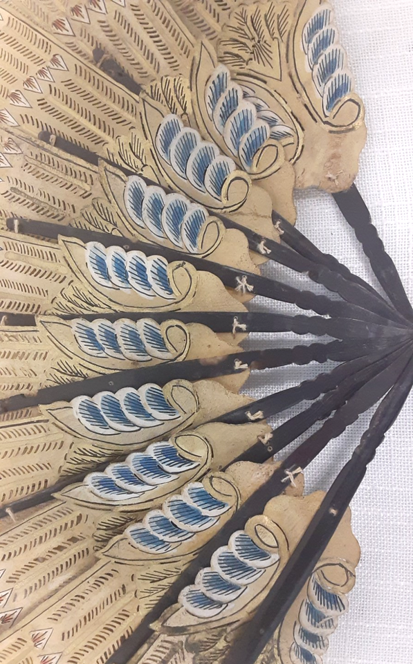 Victorian Hand Painted Paper or Leather 15" PIERCED FOLDING LADIES FAN ...