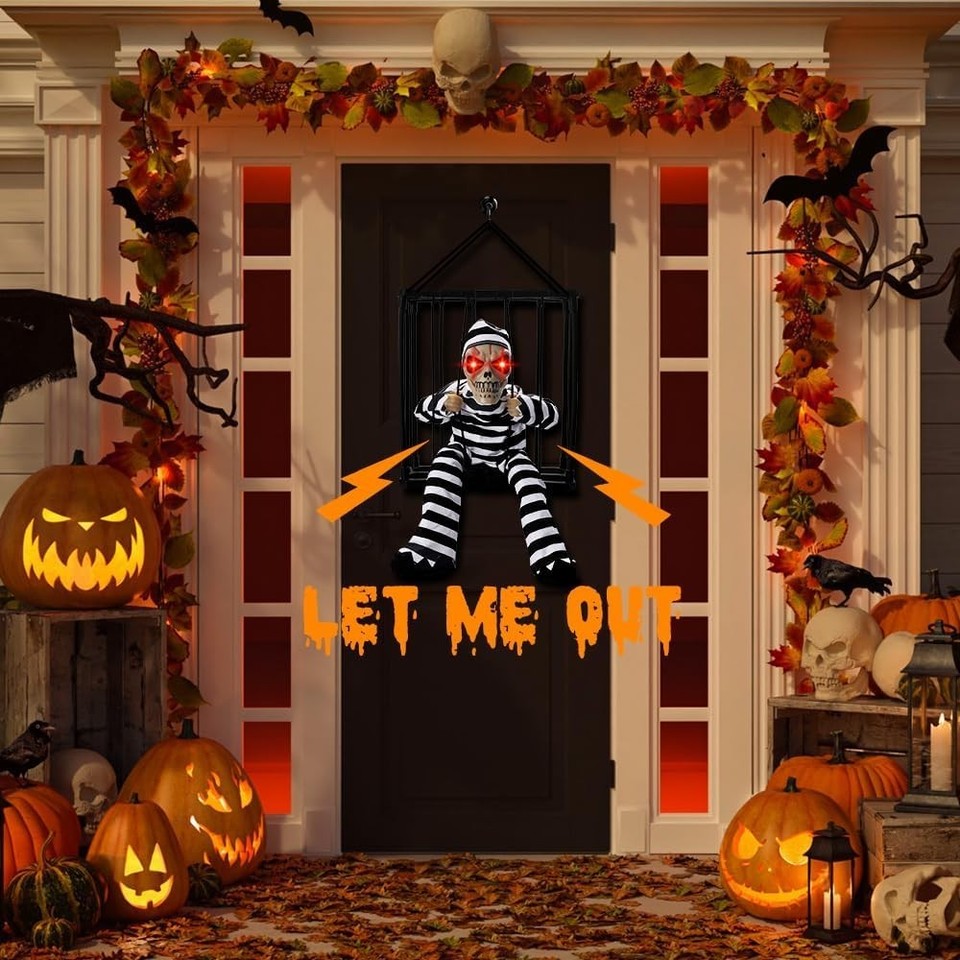 Screaming Animated Hanging Halloween Skeleton Cage with Sound & Sensor ...